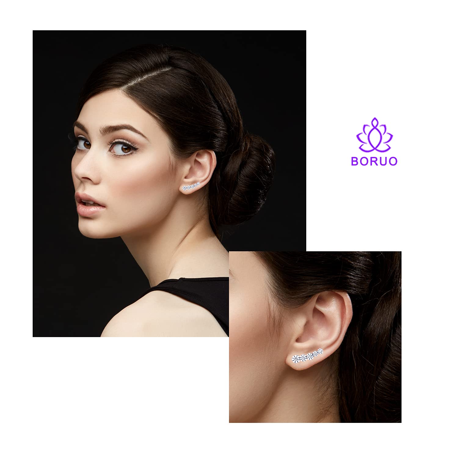 925 Sterling Silver Earrings, BoRuo Daisy Flower Hawaiian Ear Cuffs Hoop Climber Earrings