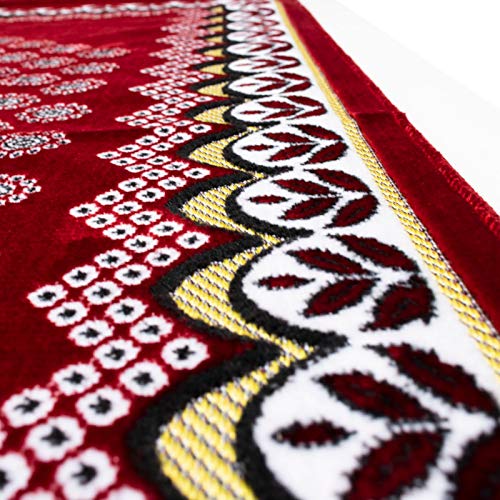 Modefa Prayer Rug Free Prayer Cap & Beads - Thin Velvet Namaz Sajadah Janamaz Floral Daisy Arch (Red)