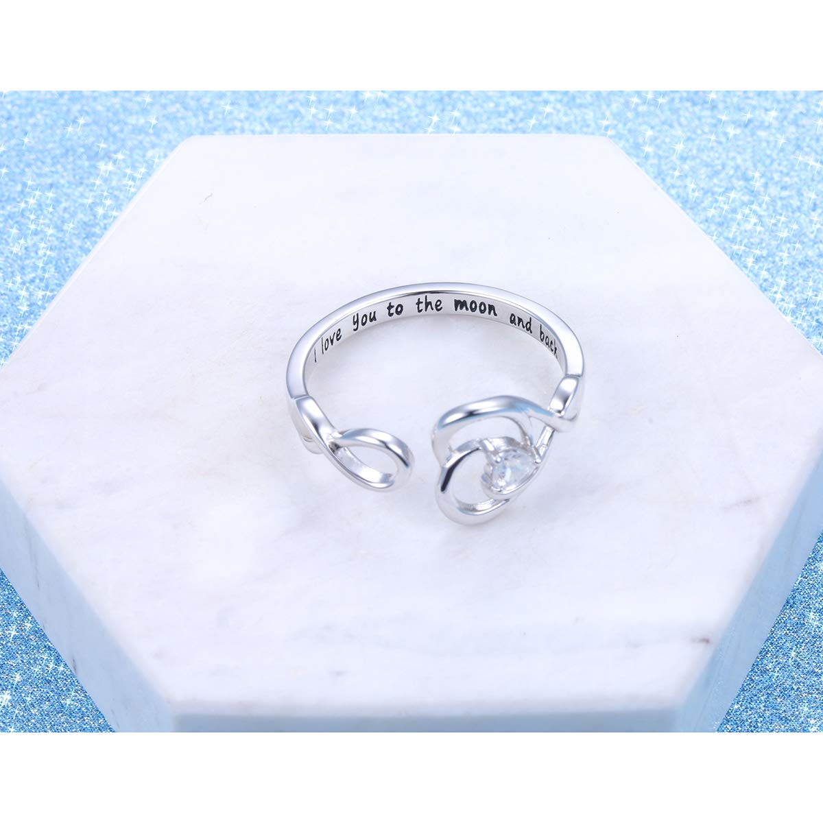 925 Sterling Silver Jewelry Engraved I Love You To The Moon and Back Love Heart Open Ring Size 7