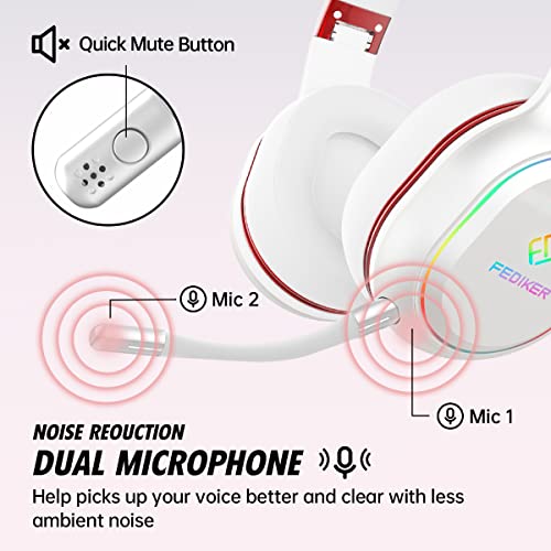 FEDIKER Wireless Gaming Headset for PS5 PS4 PC W3 USB Dongle Low Latency Bluetooth, Headphones with Detachable Mic, Mute Function, RGB, Immersive 4D, Cute White Cat Ear Headset for Girls