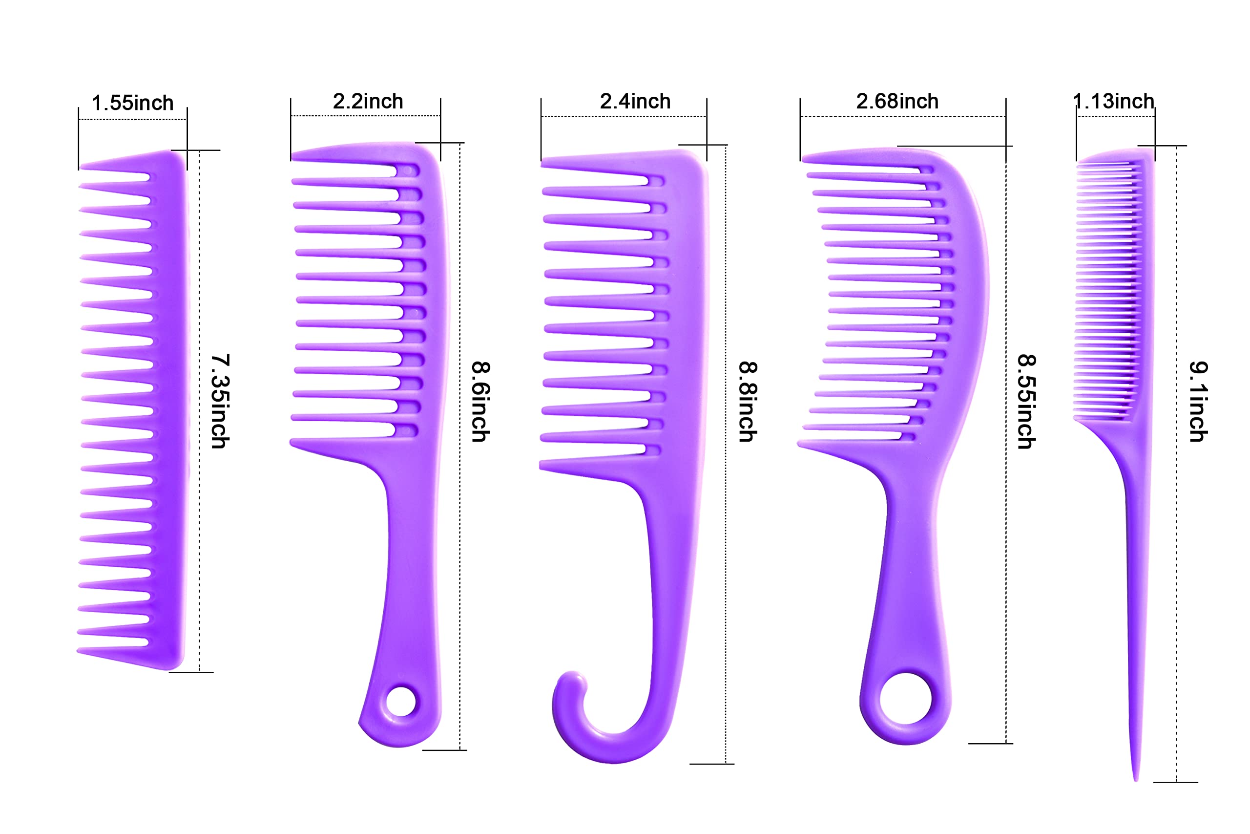 5 Pcs Hair Comb Set, Wide Tooth Detangling Comb,Large Shower Comb with Hook,Fine Tooth Rat Tail Comb Professional Styling, No Handle Women Brush For Curly, Wet, Dry, Long and Thick Hair.