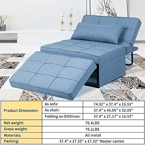 Ainfox Ottoman Sofa Bed, 4 in 1 Multi-Use Folding Guest Bed Full Padded Lounge Couch Bed Convertible Single Sofa Chair (Light Blue)