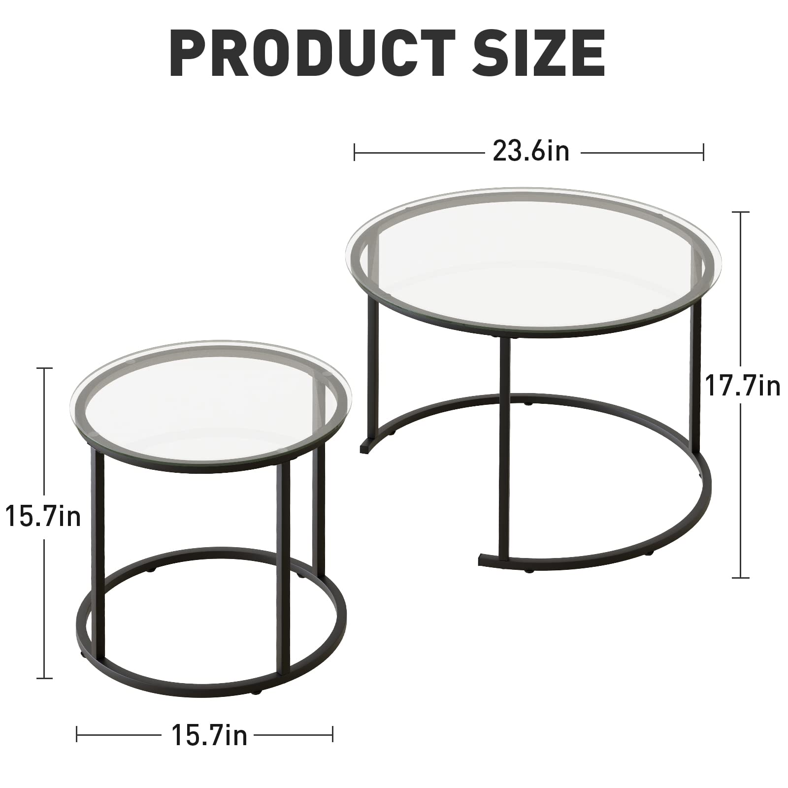Azheruol Nesting Coffee Table Set of 2,Modern Black Tempered Glass Side Table, Metal Frame Round End Table.Small Glass Tea Table for Living Room,Bedroom Studio Apartment Essentials,17.7IN