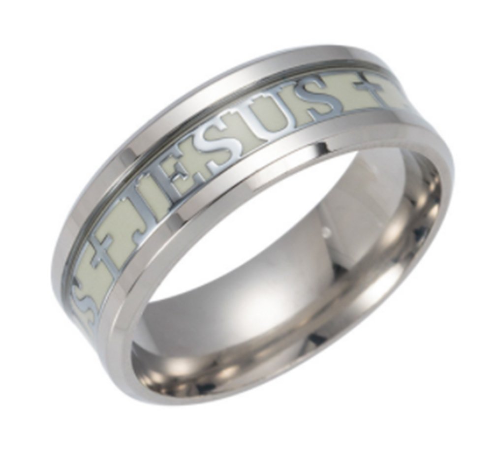 AccessCube Unisex Stainless Steel Luminous Ring Glow in The Dark Jesus Cross Ring (Silver/Silver, 13)
