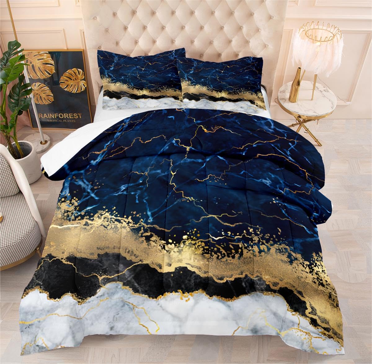 CCoutueChen Marble Comforter Set,Navy Blue Comforter King Size,Marble Bedding Set for Girls Woman,Modern Golden Glittering Decor,3Pcs Soft Summer Comforter for All Season.