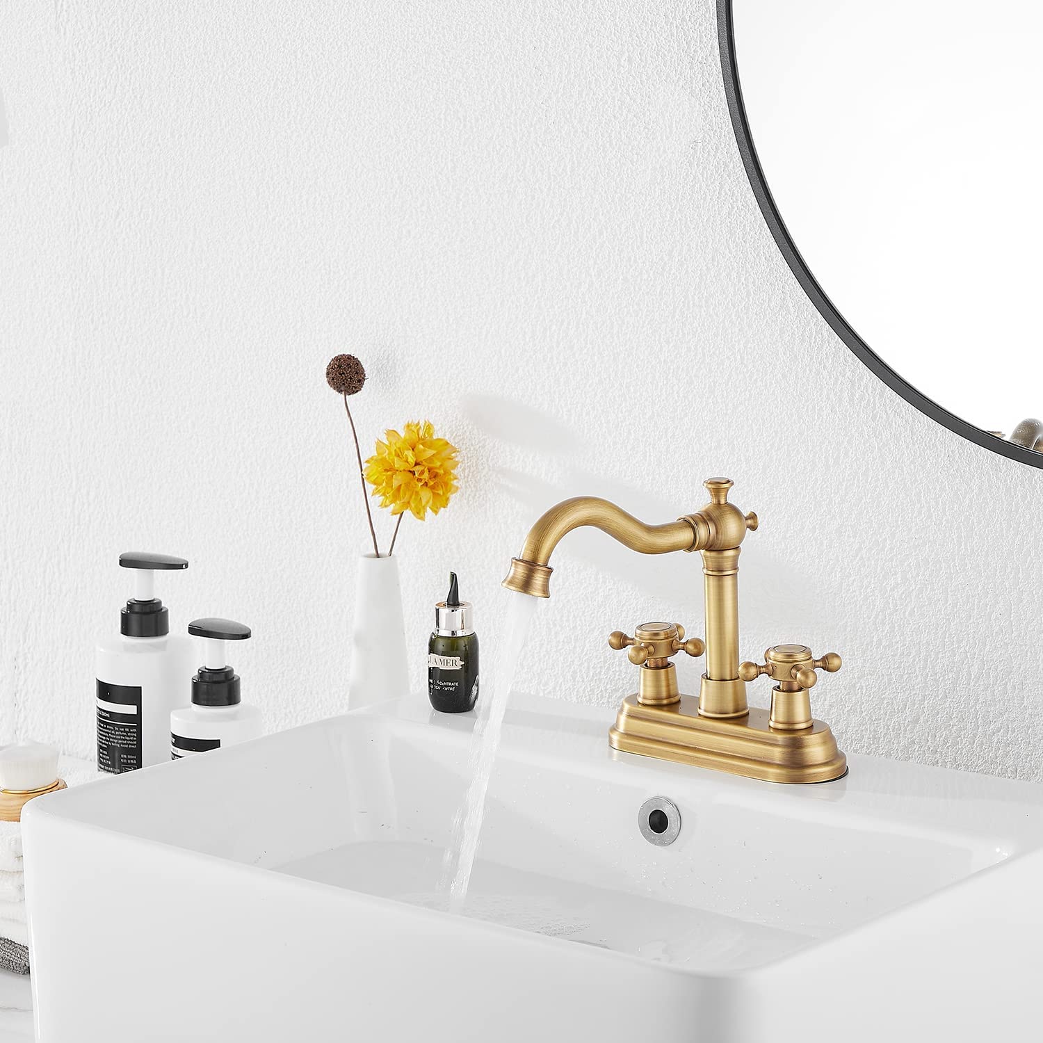Bathroom Faucet Antique Brass GGStudy 2 Handles 4 Inches Centerset RV Bathroom Vanity Faucet with Drain Assembly and Supply Hose Lavatory Faucet Mixer Double Handle Tap