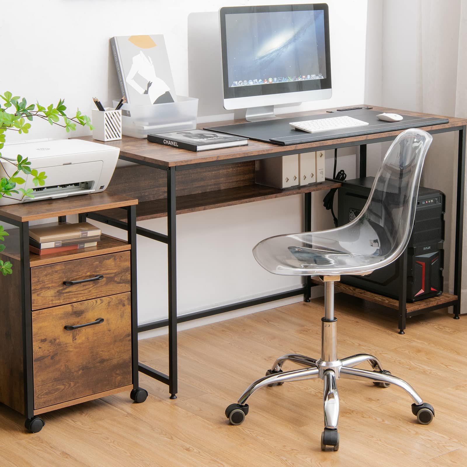 Giantex Acrylic Desk Chair, Clear Armless Office Rolling Chair, Height Adjustable Leisure Ghost Chair w/Chromed Base, Modern Cute Vanity Chair, Swivel Computer Chair for Home Office