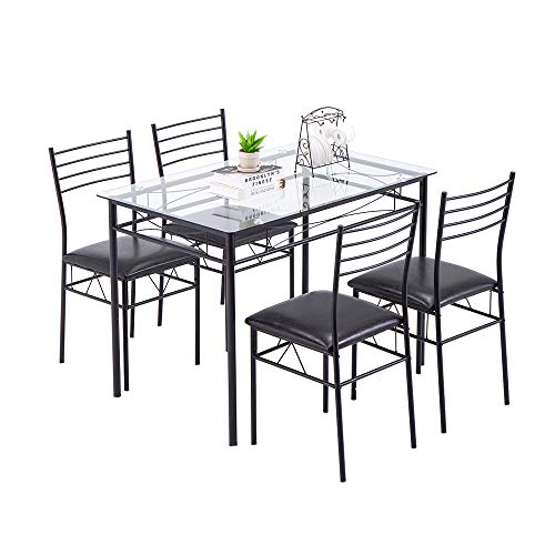 SSLine 5-Piece Glass Dining Table Set with 4 Chairs Small Space Kitchen Table Modern Simple Dining Room Dinette Sets w/1 Tempered Glass Top/Metal Frame Table and 4 Leather Cushion Seat Dining Chairs