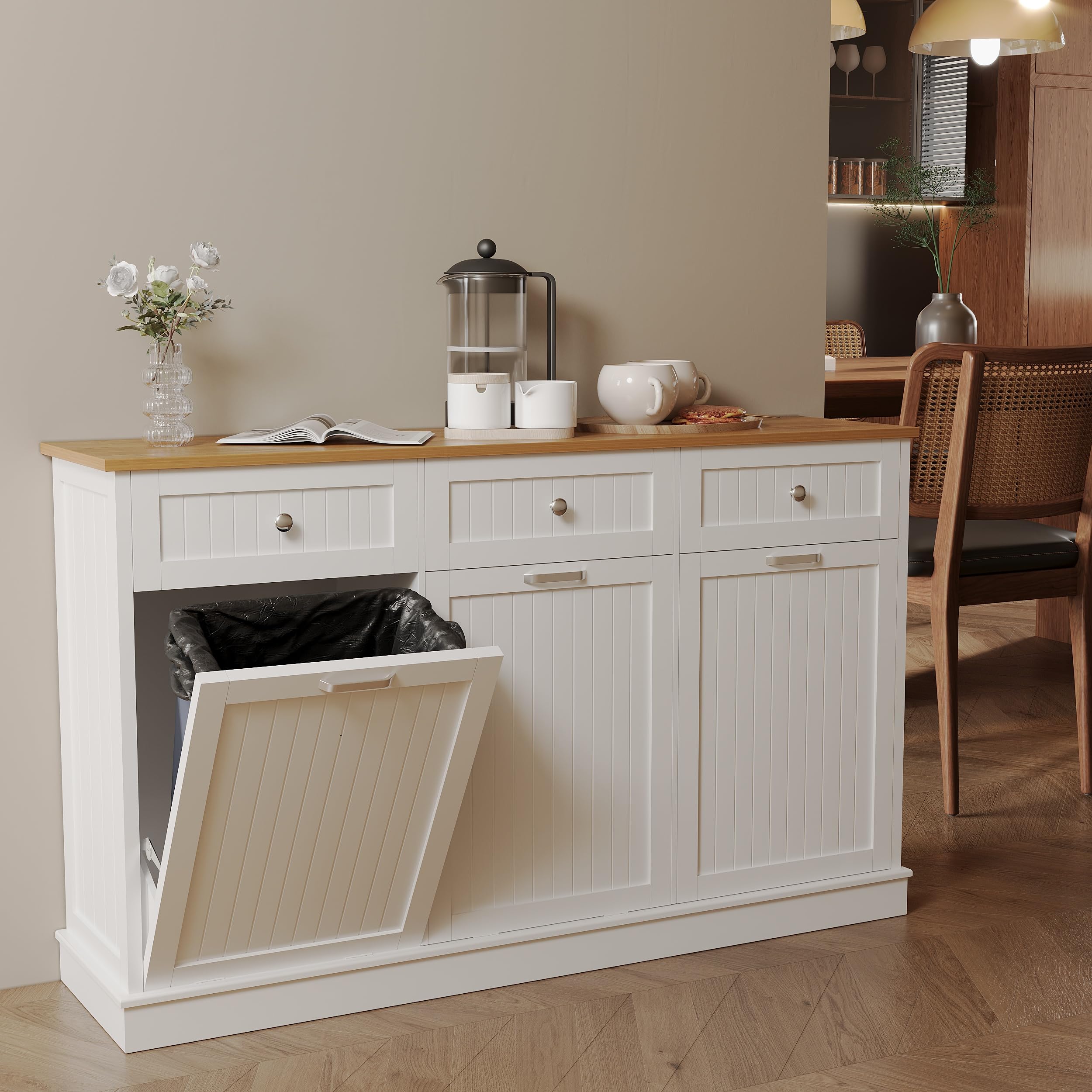 DalyLuxa Tilt Out Trash Can Cabinet, Freestanding Wooden Kitchen Trash Recycling Cabinet with Drawer & Wheels, Dog Proof Trash Can Cabinet, White