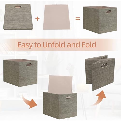 ArcaGuru 13x15x13 Storage Cube Bins, Linen Foldable Fabric Storage Cubes, Storage Cubes Baskets Box with Handles for Shelves, Closet, Wardrobe, Bookcase, Bedroom, 4 Pack, Coffee
