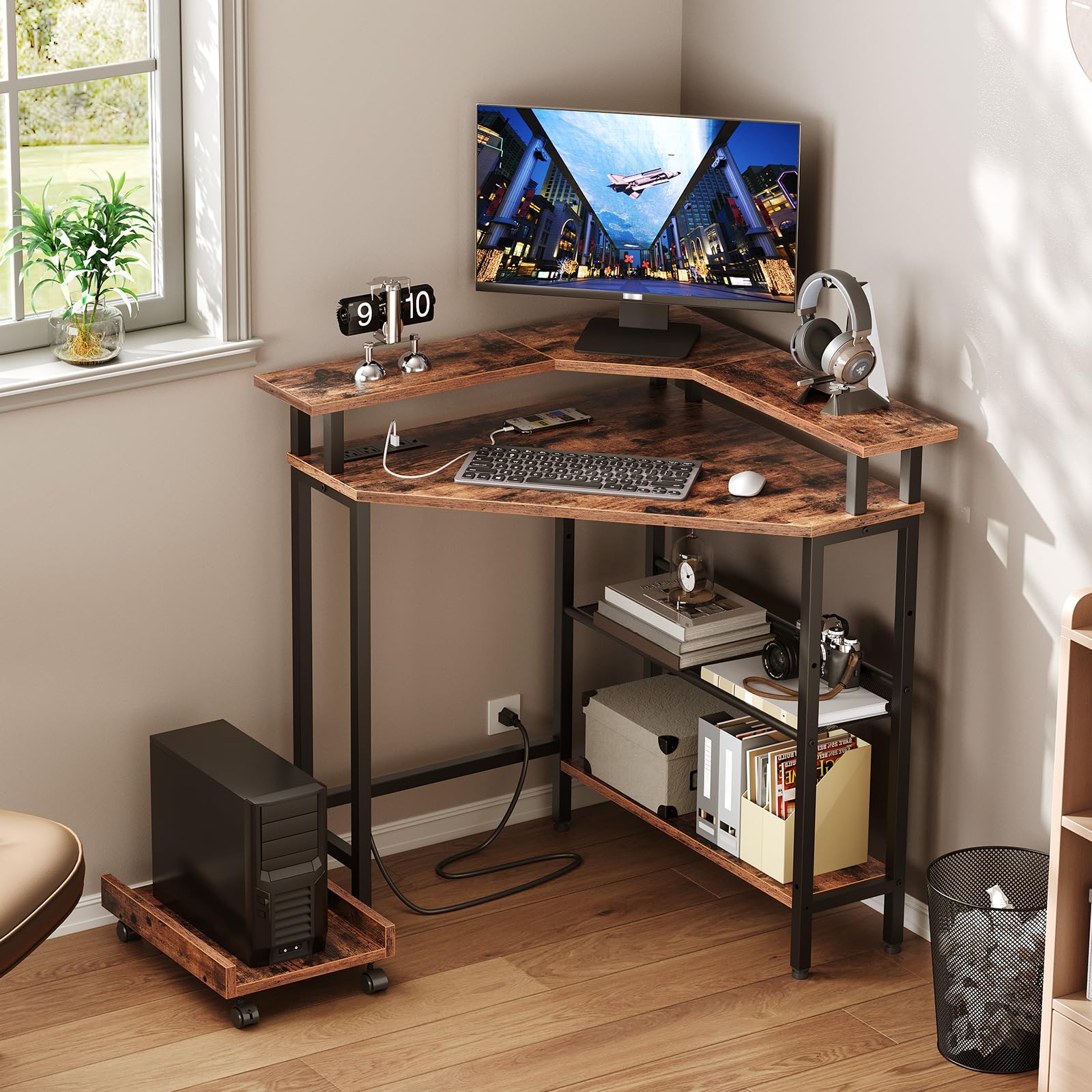 HOOBRO Corner Desk, Gaming Table with Charging Station and LED Strip, 90° Corner Computer Table, Mobile PC Holder, Adjustable Mesh Shelf, for Small Space/Home Office, Rustic Brown and Black BB70UDDN01