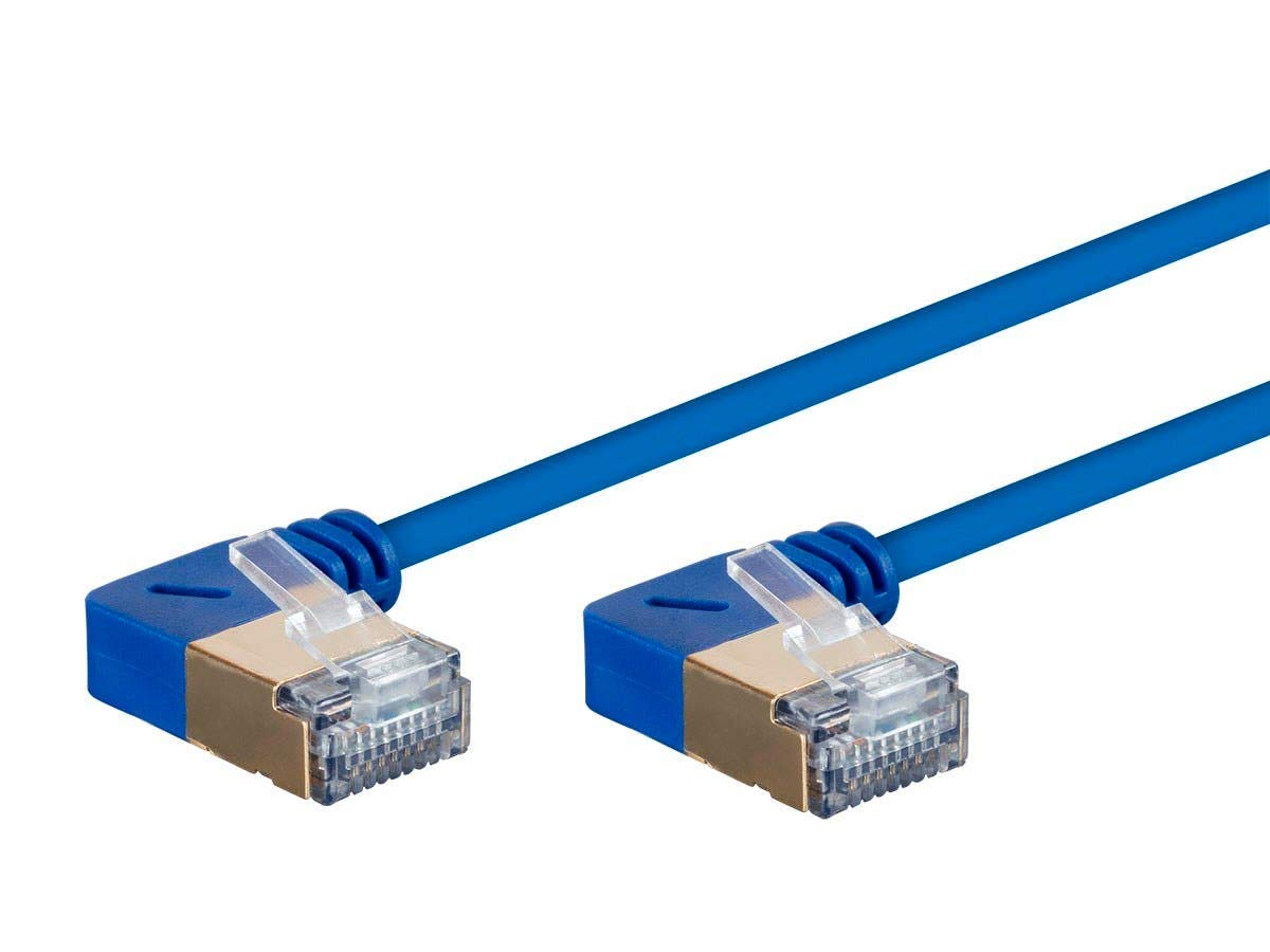 Monoprice Cat6A 3ft Blue 90 Degree Patch Cable Double Shielded (S/FTP) 36AWG 10G CM Pure Bare Copper Snagless RJ45 SlimRun Series Ethernet Cable