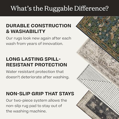 RUGGABLE Washable 3x5 Area Rug, Zinnia Grey, Premium Rugs for Living Room, Bedroom, Kitchen, Office, Classroom with Gripper Non Slip Pad