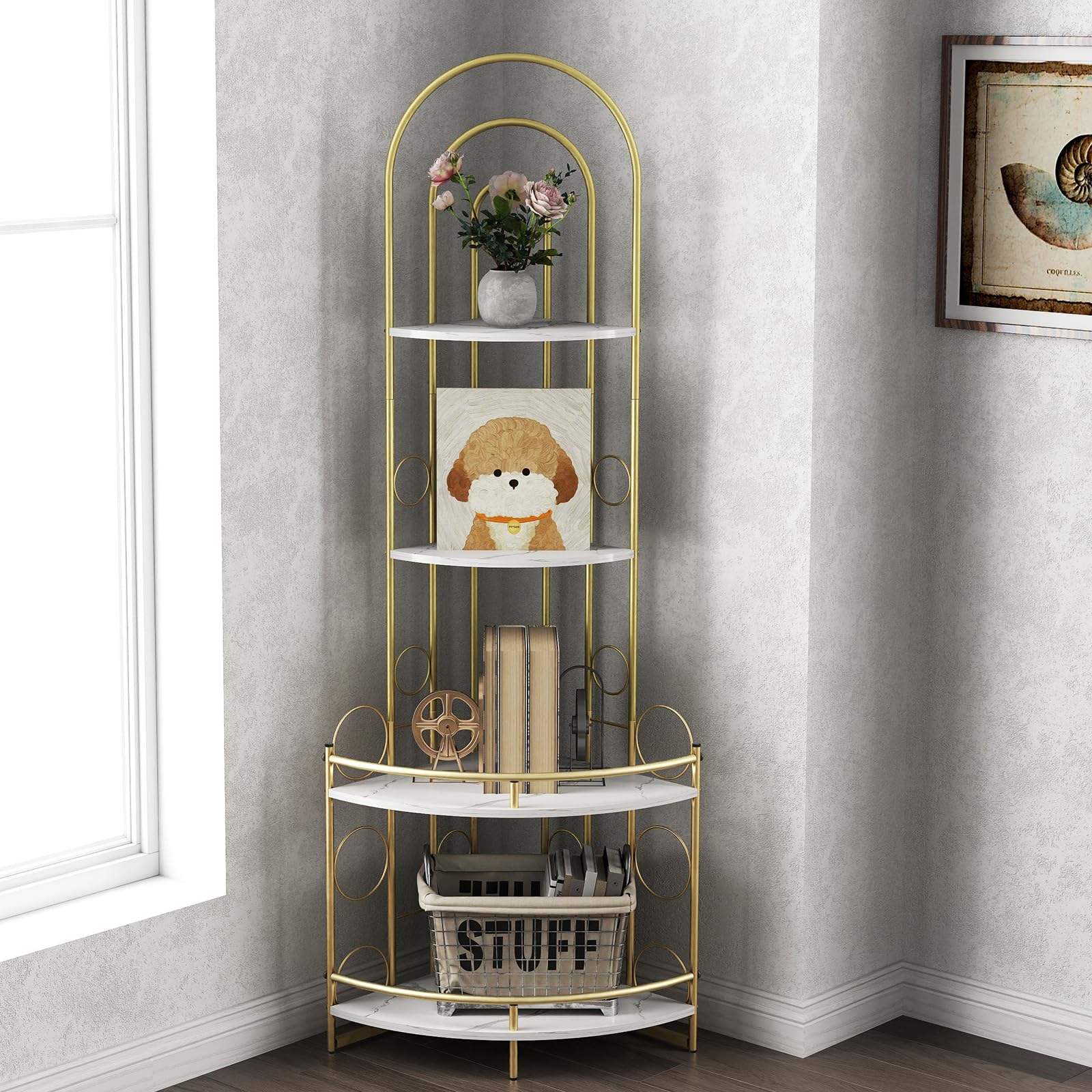 Arched Bookshelf,4 Tier Corner Shelf Stand,Open Bookshelf,Gold Bookcase for Living Room,Home Office, Study, Bedroom,Bathroom Modern Style(White + Gold)