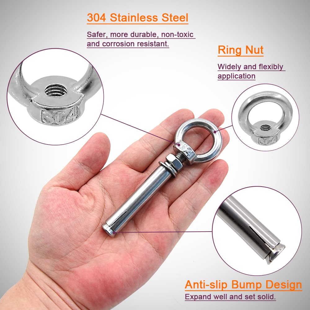 M8* 80mm Expansion Screw with Eye Ring Anchor Internal Eye Bolt Fastener 304 Stainless Steel 5 Pack (Ring Lifting Expansion Eyebolt M8* 80mm)
