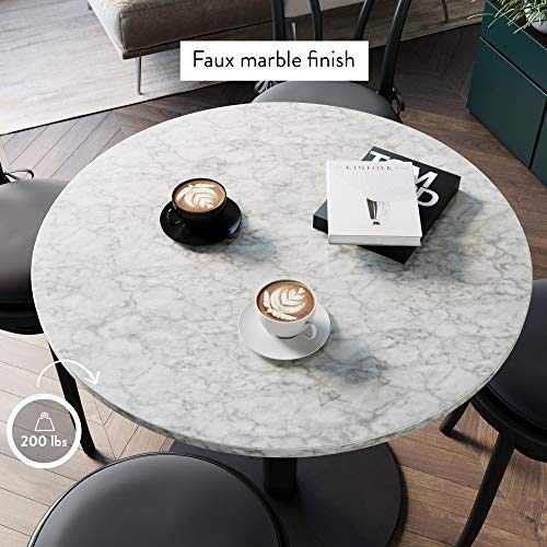 Nathan James Bistro Lucy Small Mid-Century Modern Kitchen or Dining Table with Faux Carrara Marble Top and Brushed Metal Pedestal Base, Black, 31.5D x 31.5W x 29H in