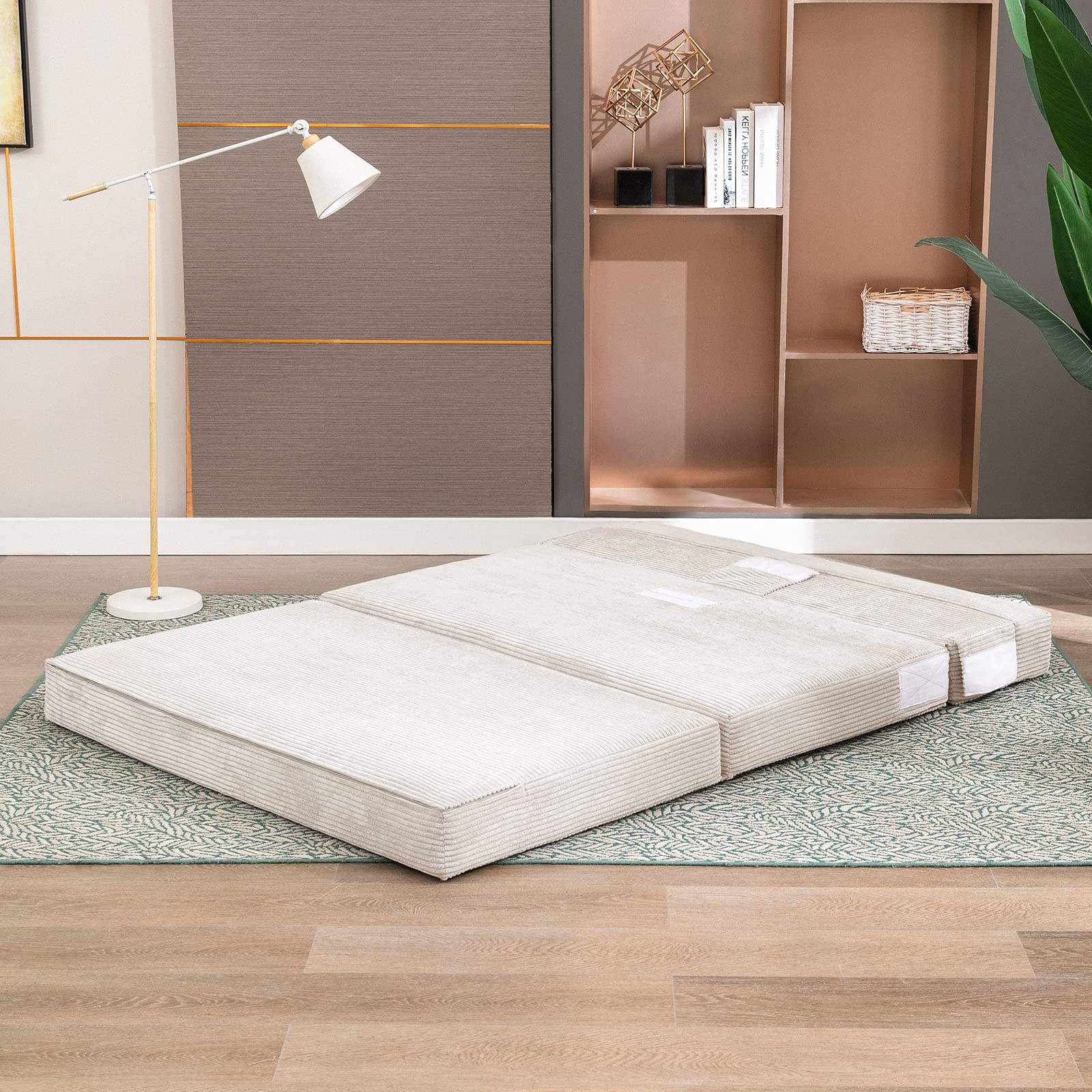 Mixoy Folding Sofa Mattress, Tri Fold Sofa Chair Bed 6.3β,Upholstered Guest Chaise,Floor Couch Sleeper,Folding Futon Sofa Bed Lounge Chaise for Guests,Living Room and Bedroom(Full Size,Beige) 1