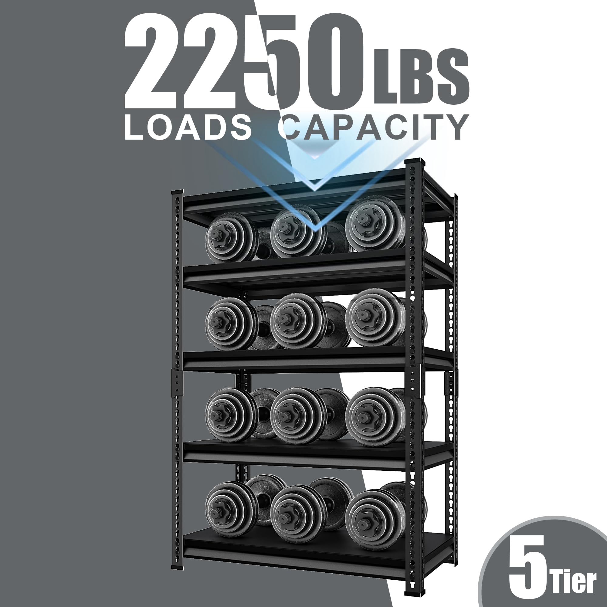 Rufokisa 5-Tier Garage Shelving Heavy Duty,72" Metal Shelving Unit for Garage, 2250 lbs Load Capacity Utility Rack Shelves& Garage Shelves, 40”W x 18”D x 72”H(Black)