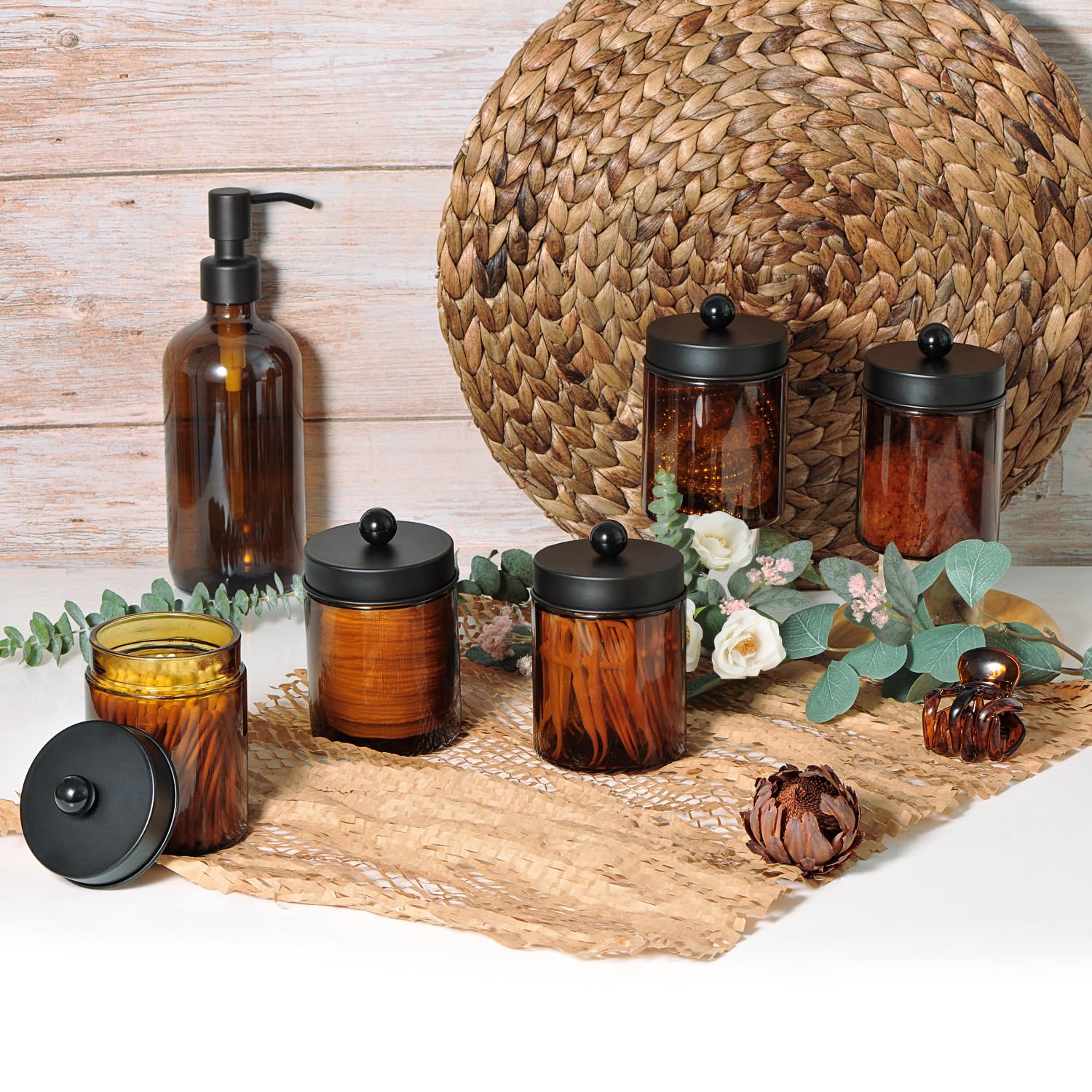 Amolliar Amber Glass Qtip Holder, Apothecary Jars with Matte Black Metal Lid & Stickers-Bathroom Qtip Dispenser Storage Organizer Set,Vanity Counter Canister for Cotton Swabs,Round Pads,Floss (2 Pack)