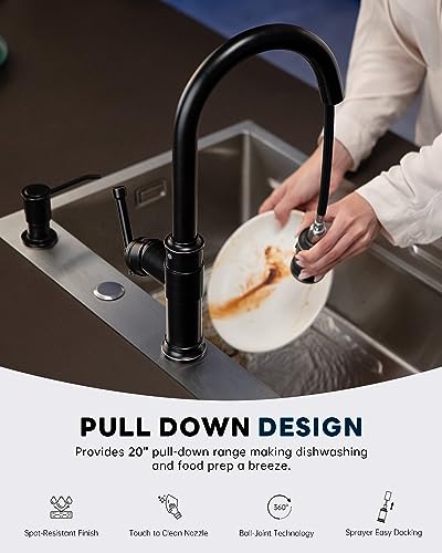 Antique Oil Rubbed Bronze Kitchen Sink Faucet with Soap Dispenser, DAYONE Pull Down Farmhouse Faucet for Sink with 3 Mode Sprayer, Single Handle High Arc, DAY-APS136-ORB