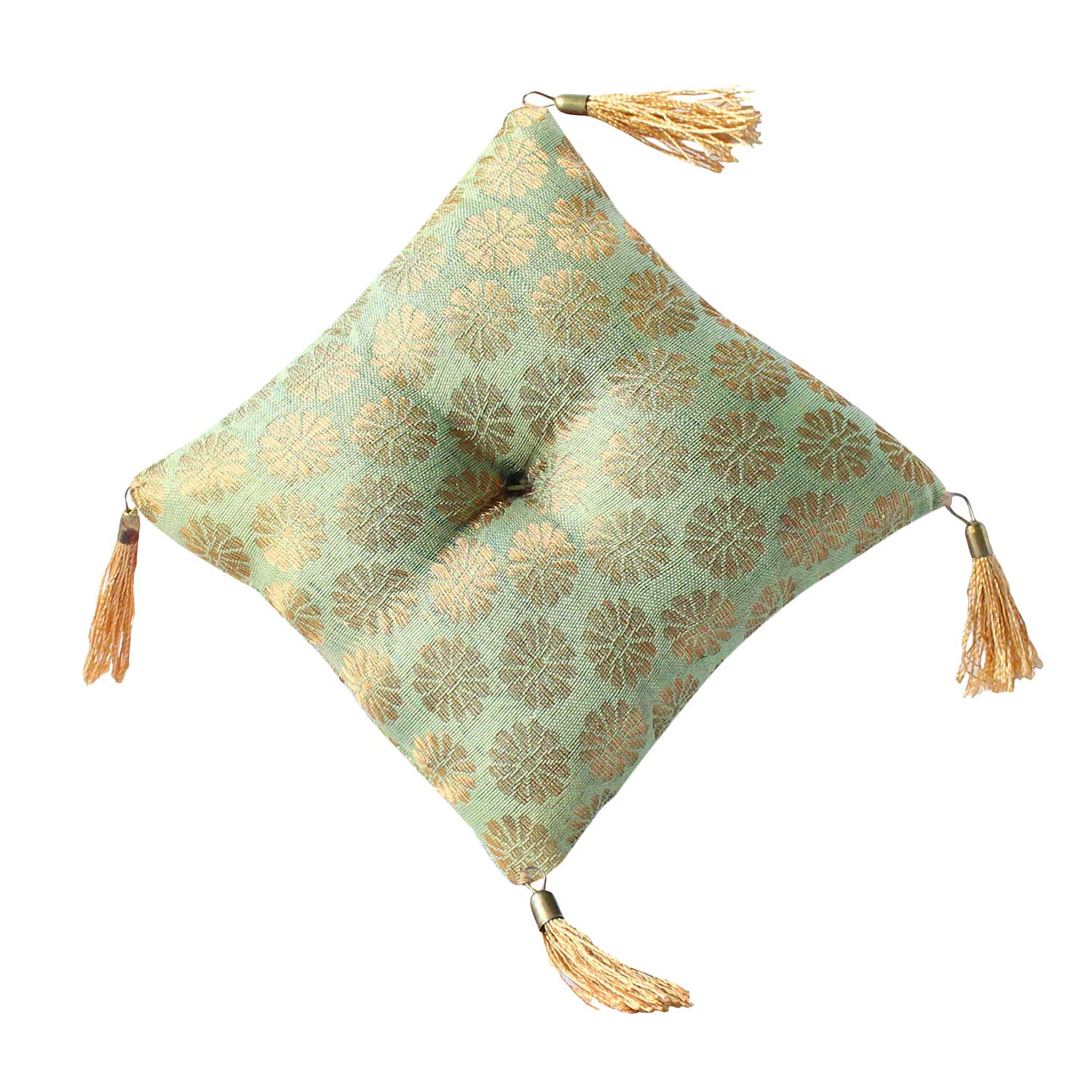Cushion for Tibetan Singing Bowl Handmade Square Cushions Brocade Art Silk Home Decor Jewelry Display Pillow (4" x 4" Inch, Mint Green)