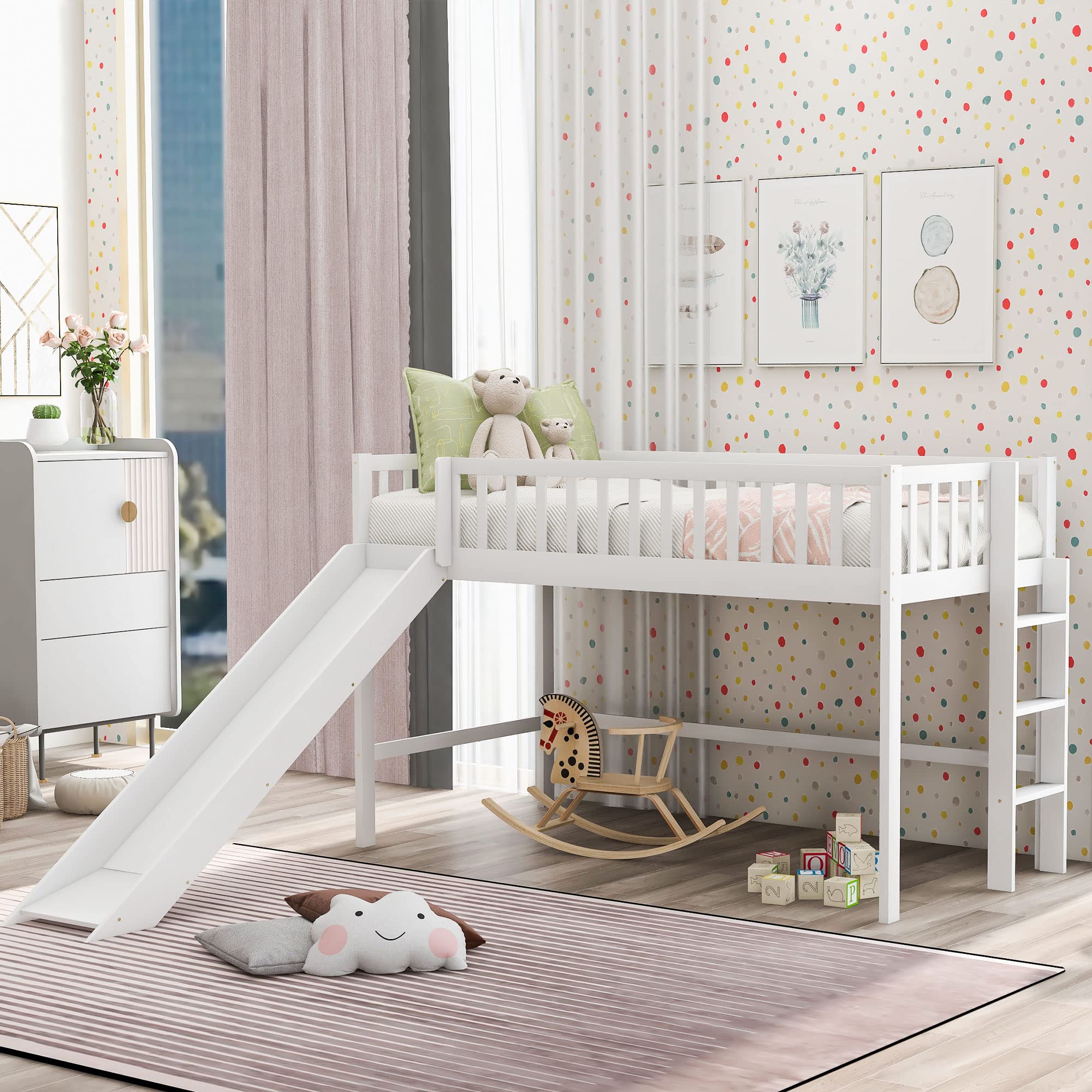 Harper & Bright Designs Low Loft Bed with Slide Kids Loft Bed Twin, Wood Twin Size Loft Bed for Kids, Girls,Boys,No Box Spring Needed, White