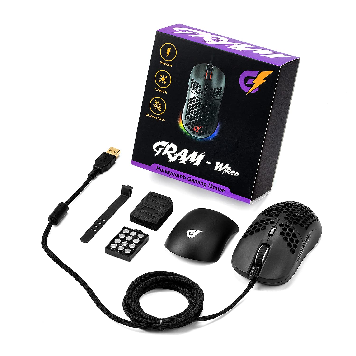 GUNMJO Gram DIY Honeycomb Shell 2.4G Wireless RGB Gaming Mouse, Gaming Wireless Mouse with 9 Buttons and Up to 10,000 DPI, Computer Mice for PC Gaming, Black Color