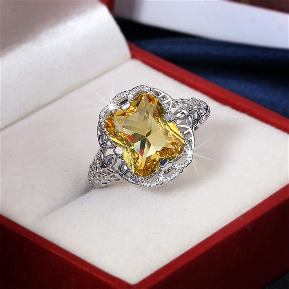 925 Sterling Silver Shining Citrine Ring Square perfect Cut 3Ct Cubic Zirconia Promise Rings CZ Yellow Gemstone Solitaire Ring Eternity Engagement Wedding Band Ring Sets for women TZ.74 (US Code 9)