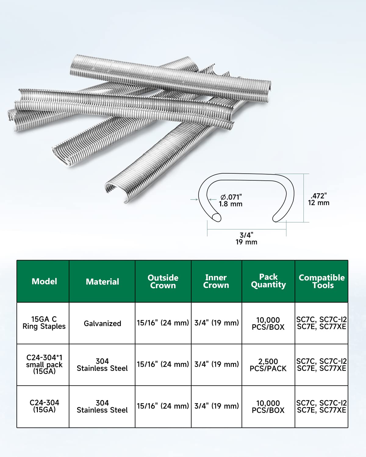 meite SC7-15 Gauge 3/4-Inch Crown 304 Stainless Steel C Ring Staples for SC7C/SC7E/SC77XE 15 Gauge C Ring Tools 10,000 PCS/Box (1 Box)