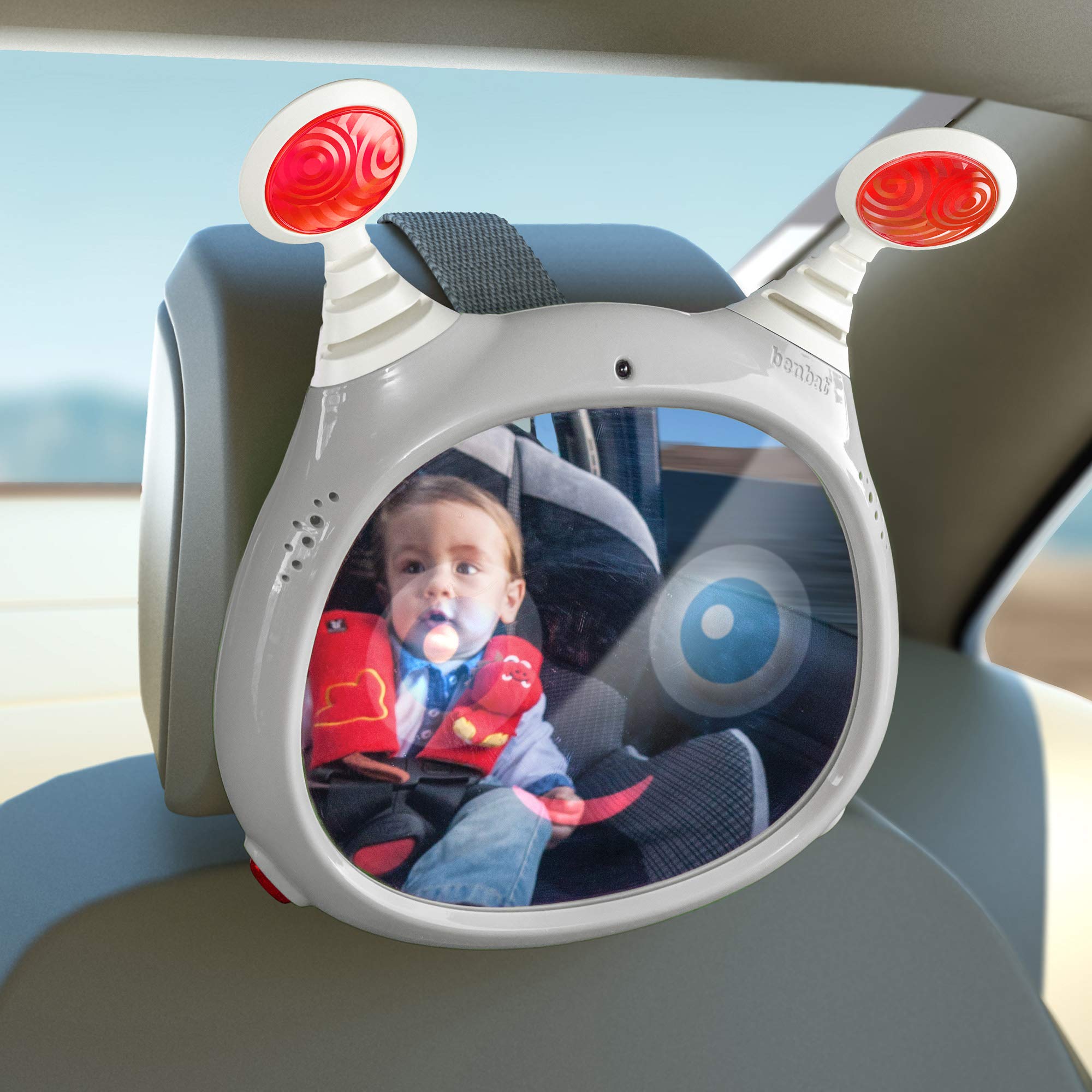 Oly Active Baby Car Mirror β Shatter-Proof Rear Facing Infant Mirror Entertains, Soothes, and Keeps Baby Visible β 10 x 11.7 x 3.1 In. Adjustable Headrest Mirror with Remote Control by Benbat, Gray