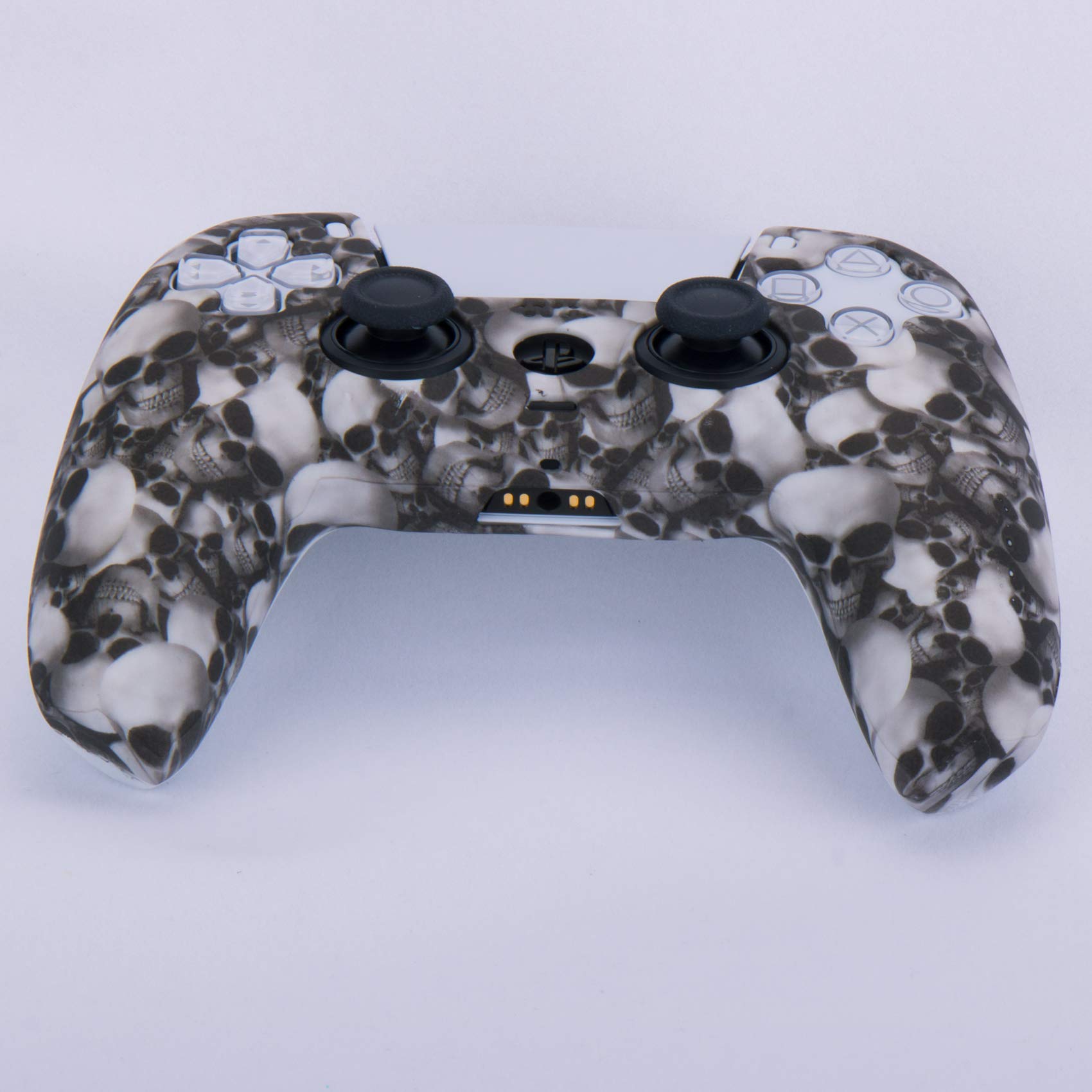 9CDeer 1 Piece of Silicone Transfer Print Protective Thick Cover Skin + 6 Thumb Grips for Playstation 5 / PS5 Controller White Skulls