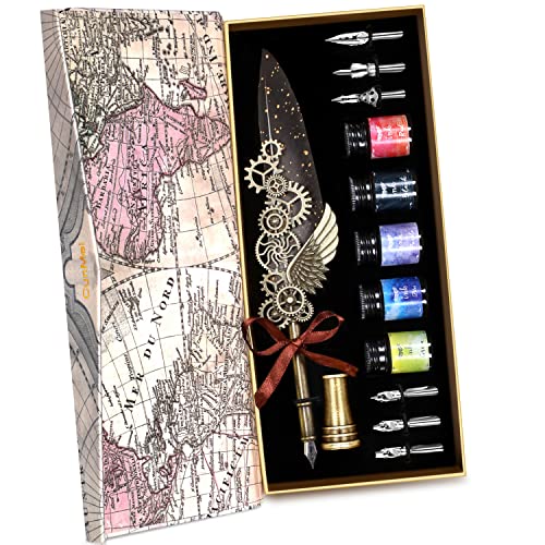 CunMei Vintage Punk Quill Pen Ink Set-Mechanical Quill Pen,5 Color Ink Calligraphy Pen Ink Set,6 Replaceable Dip Pen Nibs-Basic Calligraphy Kit-for Beginners and Calligraphy Lovers (Grey)