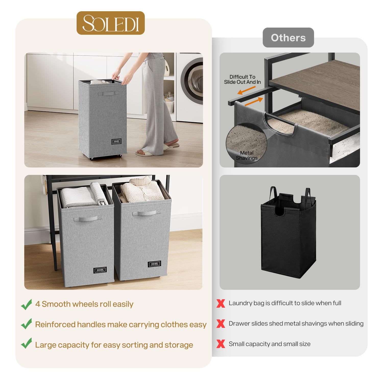 SOLEDI Double Laundry Hamper with Shelf, Rolling Laundry Basket with Wheels, Metal Frame Laundry Sorter Organizer, 120L Large Clothes Hamper for Laundry Room Bathroom Brown