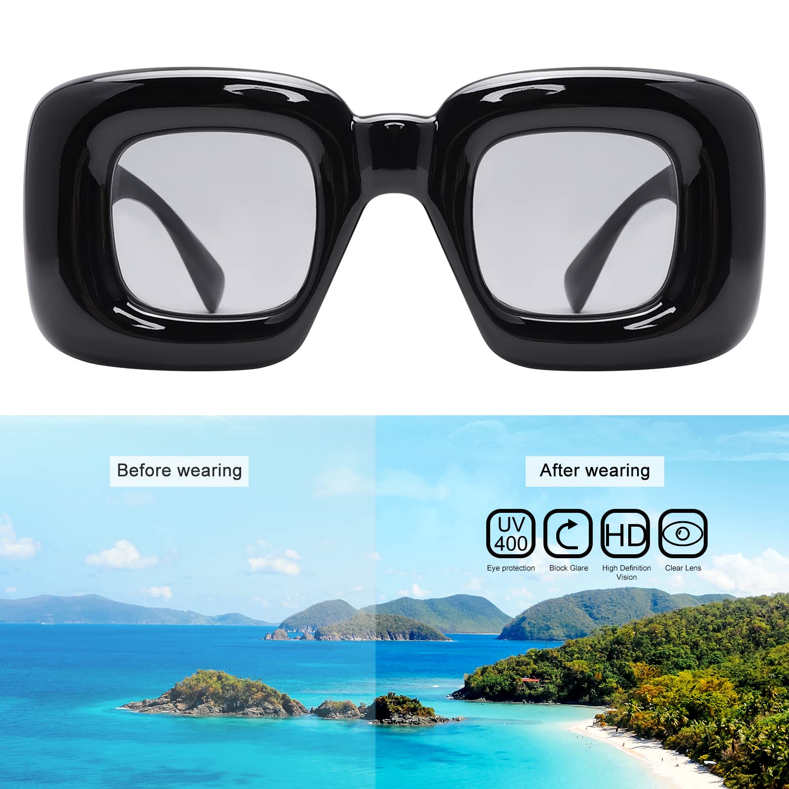 Akirawang Fashion Square Inflated Sunglasses for Women Men Oversized Thick Frame Trendy Glasses Mask Shades Designer Style