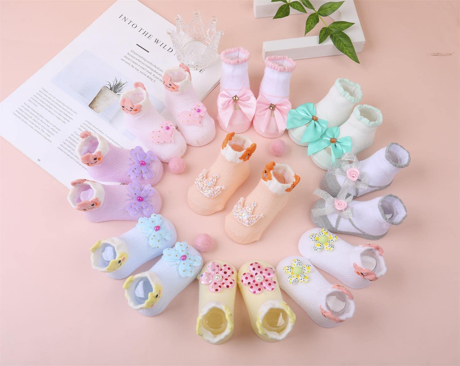 BOMAIS 20 Packs Newborn Baby Girls Socks, 0-24 Months Bow Pattern, (12-24 Months, SET1)