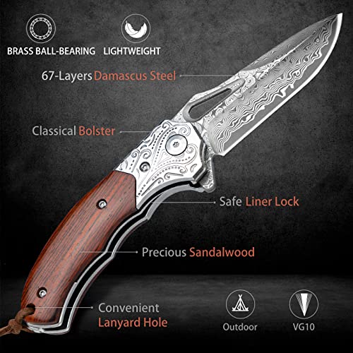 NedFoss Damascus Pocket Knife for Men, 6.5" Handmade Forged VG10 Damascus Steel Folding Knife with Retro Leather Sheath, Sandalwood Handle, EDC Cool Knives for Mens Gift