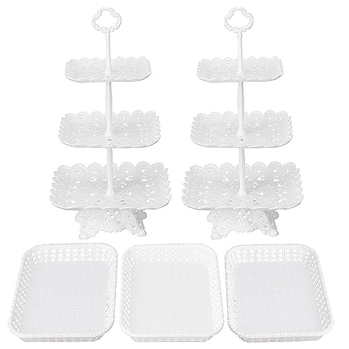 5 Pieces Dessert Stand Set Includes 2 Pack of 3-Tier Plastic Cupcake Stand & 3 Pack of Rectangle Serving Tray Reusable Platters Cupcake Holders for Wedding Baby Shower Tea Party Birthday Party