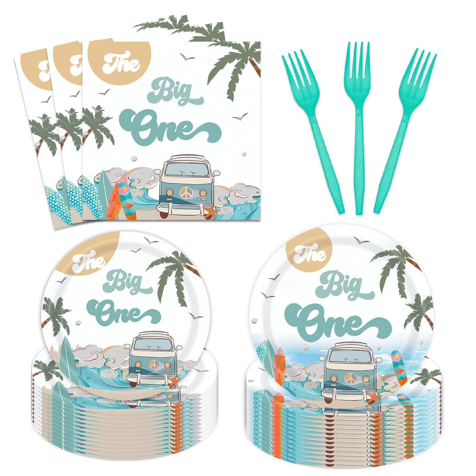96 Pieces Summer Beach The Big One Tableware Set Boy Surfing First Birthday Decorations Hawaiian 1st Palm Tree Dinner Dessert Paper Plates Napkins Forks Serves 24
