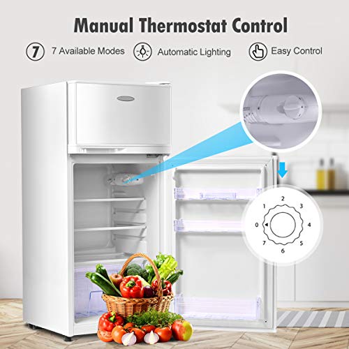 GOFLAME Compact Refrigerator, 3.4 cu. ft. Mini Cooler Fridge with Removable Glass Shelves, Adjustable Thermostat, Freestanding Fridge with Top Door Freezer for Dorm, Office, Apartment Use (White)