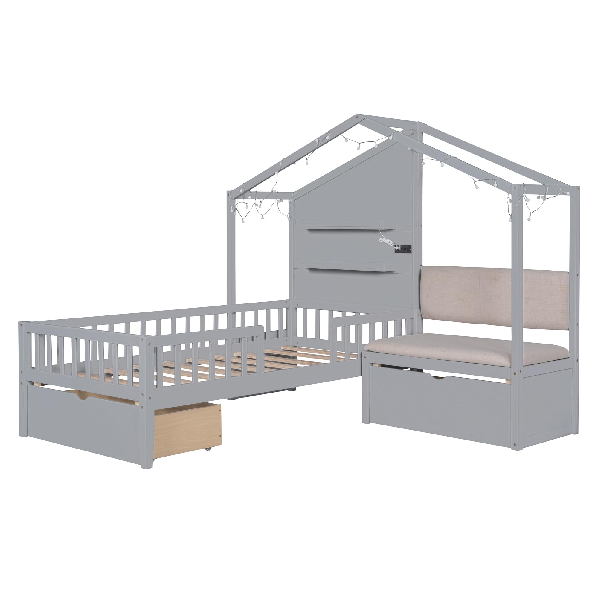 Twin House Bed for Kids, House Platform Bed with Upholstered Sofa, Charging Station, Wireless Charging, Storage Shelves and Two Drawers, Light Strip Included, Gray