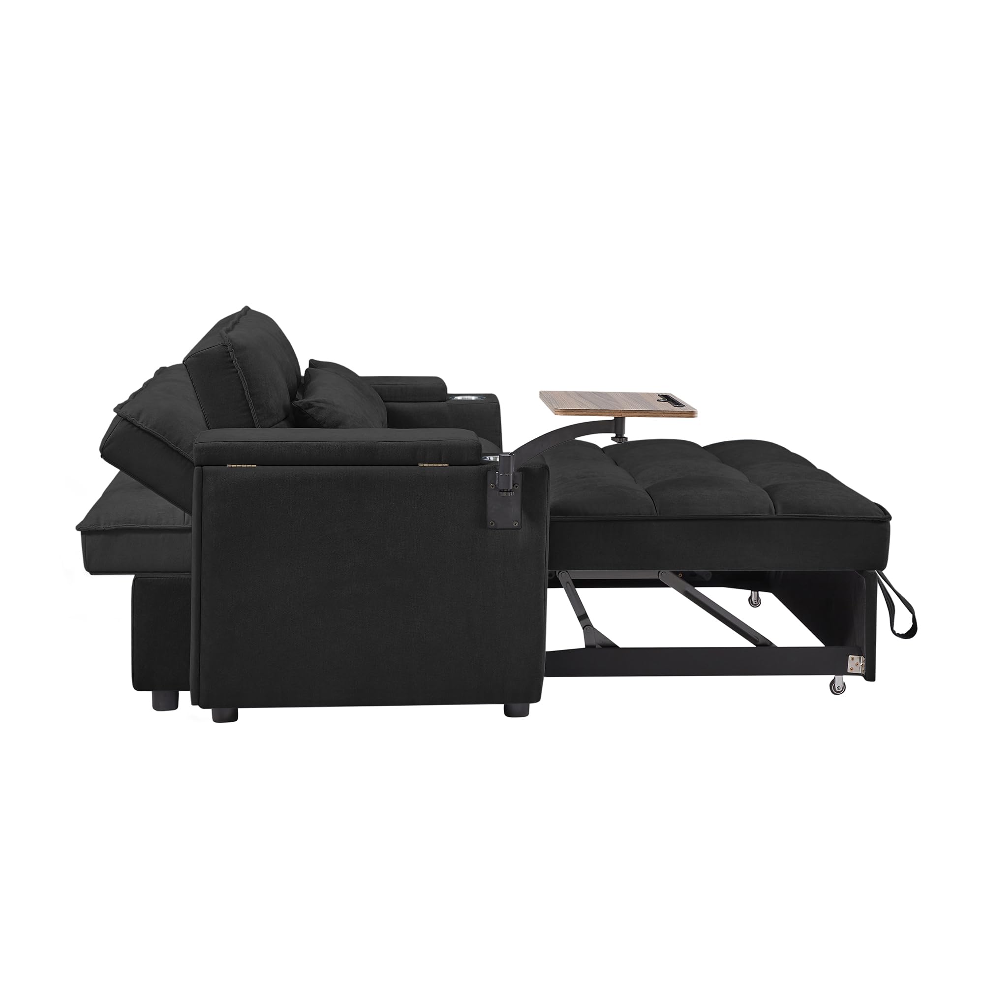 Auvsoce 65'' Convertible Queen Size Sleeper Sofa Bed.Modern Chenille Fabric Sofa with Pull Out Bed and 360 Degree rotatable Side Table for Living Room,RV, Trailer, Basement, Big Horn (Black)