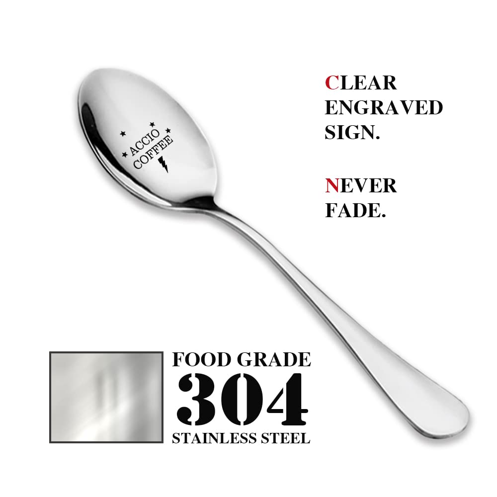Accio Coffee,Funny Engraved Stainless Spoon,Coffee Lover Gifts for Men,Barista Gifts,Coffee Spoon,Gift for Best Friend,Schoolmate