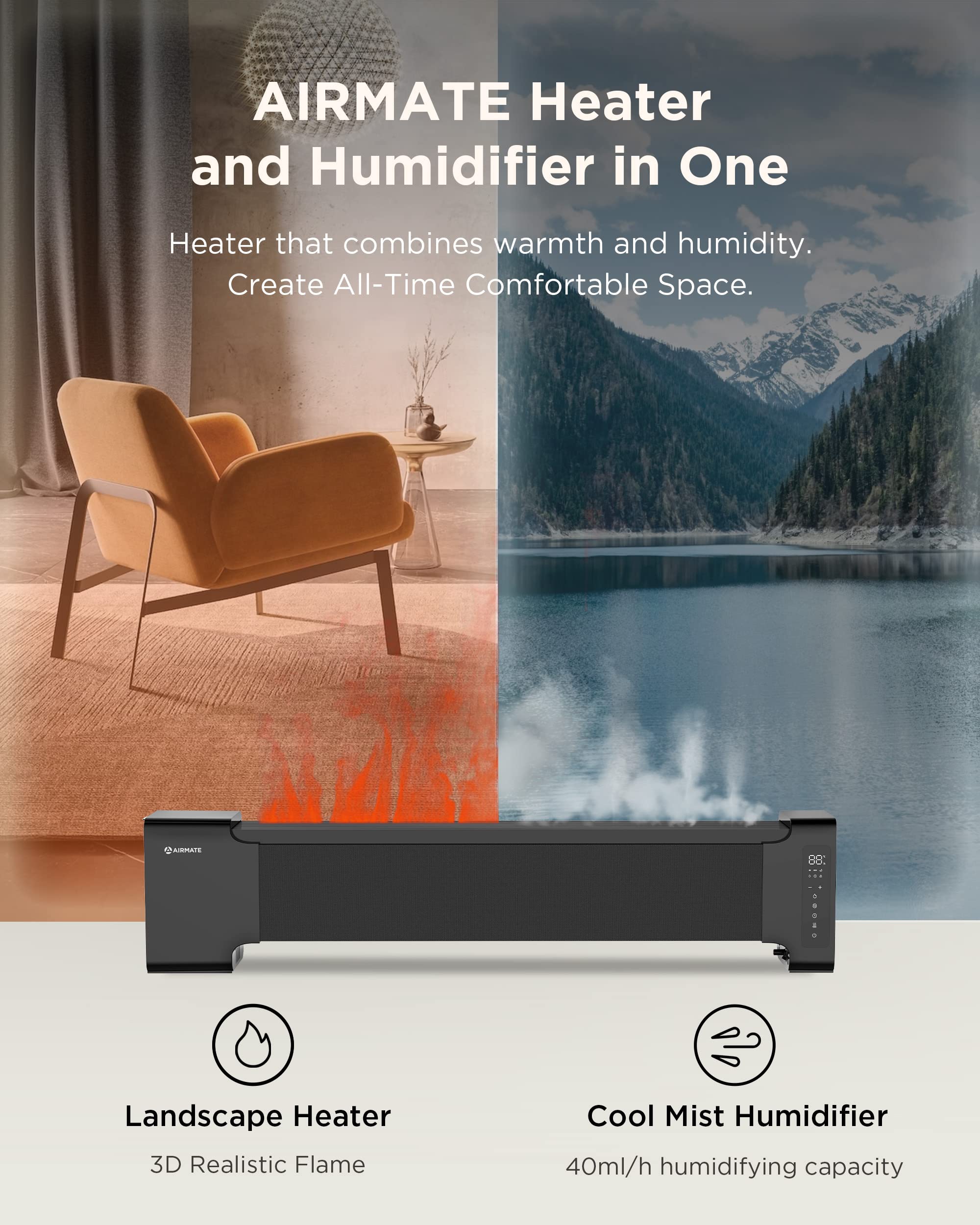 AIRMATE Electric Fireplace Heater 45"& Humidifier 2in1 with Remote, Silent 35dB Linear Fireplace Realistic Flame, Thin Indoor Fireplace Electric for the Living Room, 1200w LED Touch Control, 24H Timer