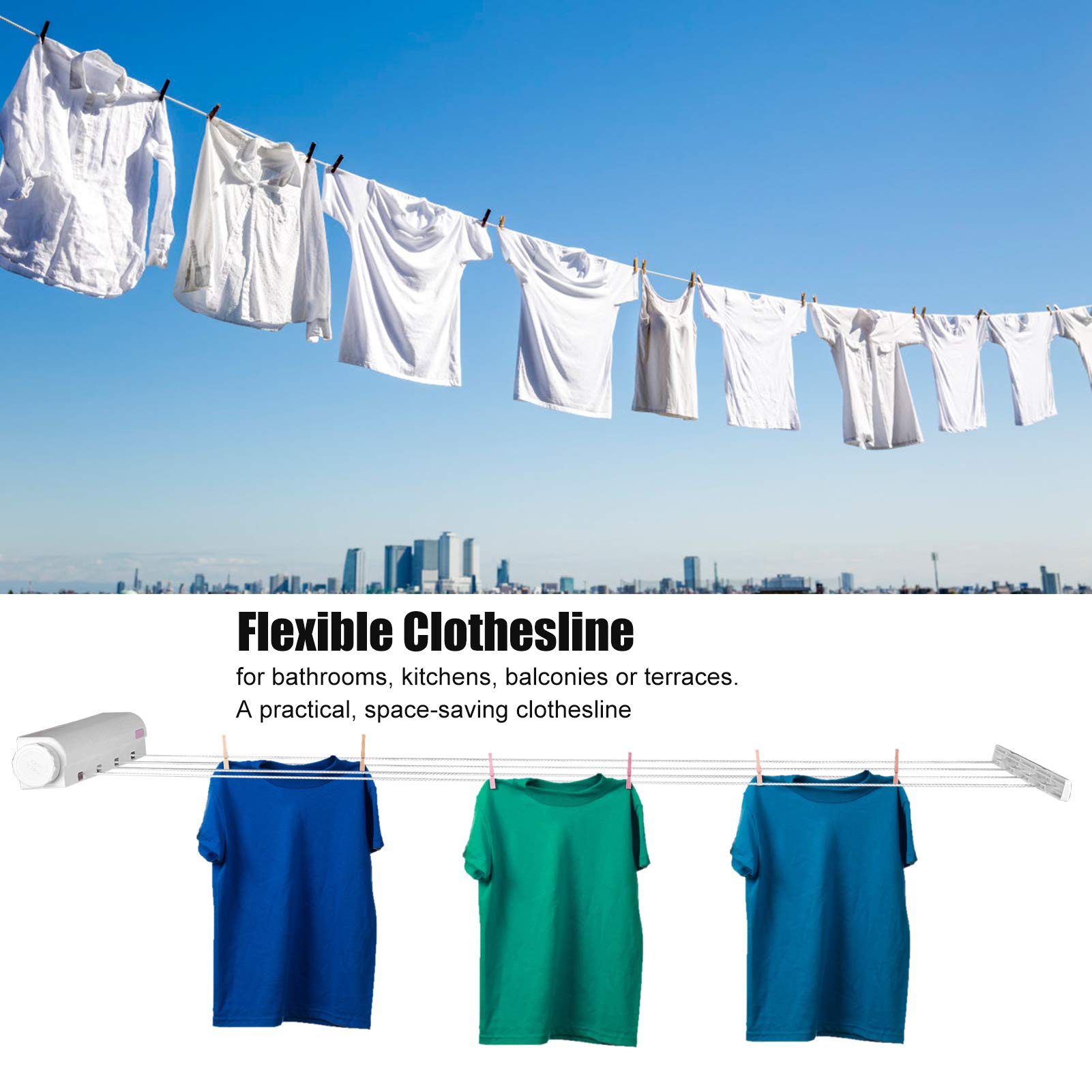 Retractable Clothesline, Indoor Outdoor Extendable Washing Line Rope Clothes Drying Rack Wall Mounted Laundry Dryer Ropes for Hotels Terraces Balconies (3.2m/10.5ft, Four Ropes)