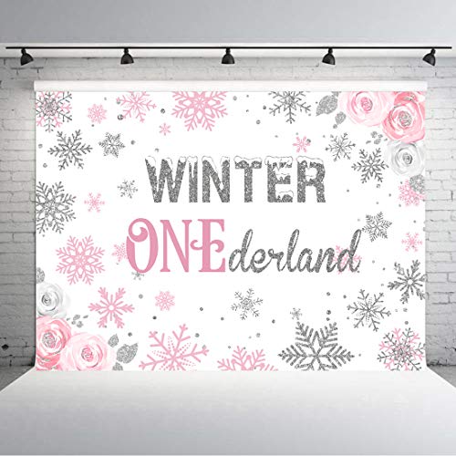 Aperturee 7x5ft Winter Onederland Backdrop, Newborn Baby Girl's First 1st Christmas Birthday Snowflake Background Photography Holiday Pink Silver Party Decoration Photo Booth Candy Table Decor Banner