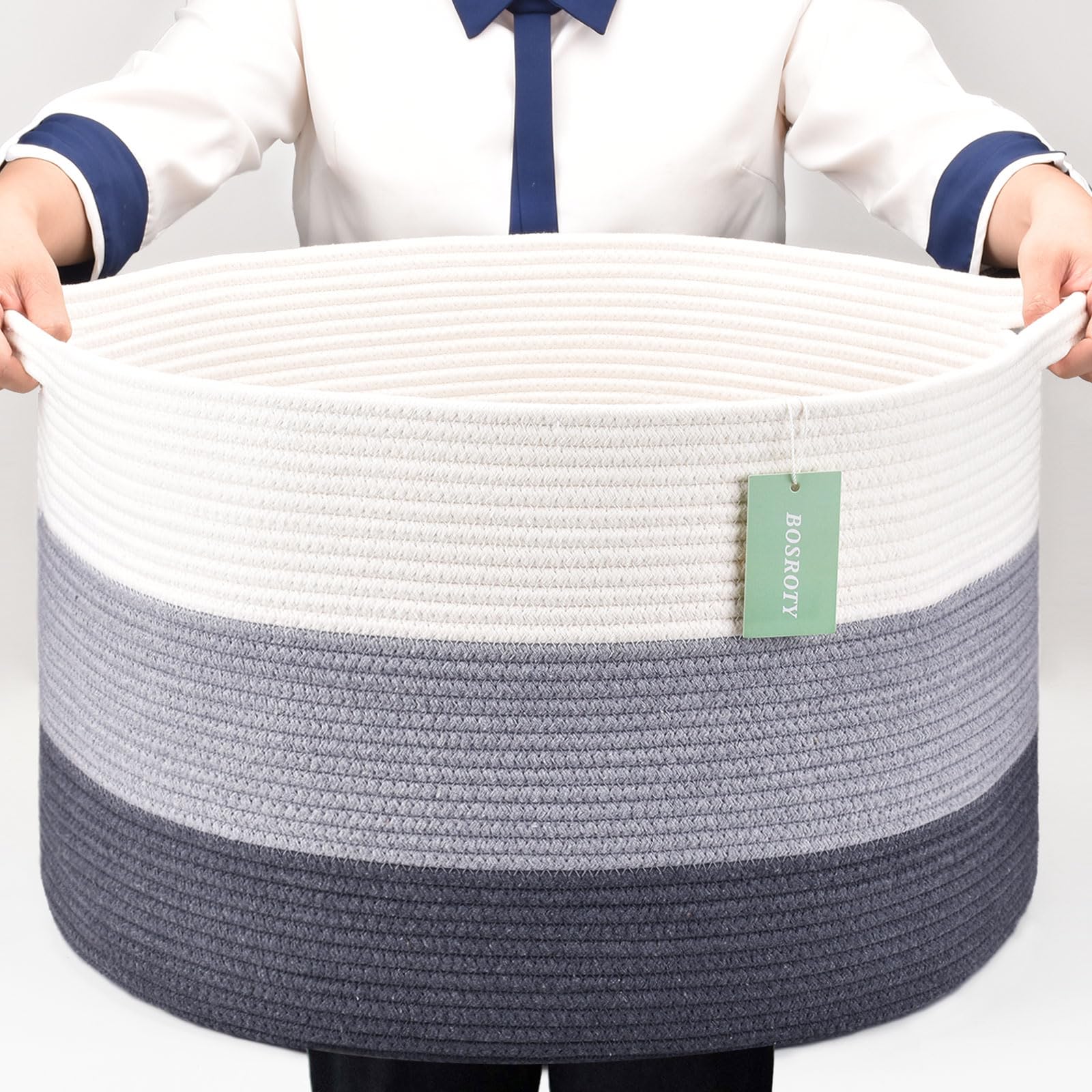 BOSROTY Extra Large Blanket Basket 87L, Laundry Hamper, Baby Nursery Hamper, Large Laundry Basket For Girls Boys, Cotton Rope Basket, Clothes Basket Laundry, 22”x 14”, White & Gray