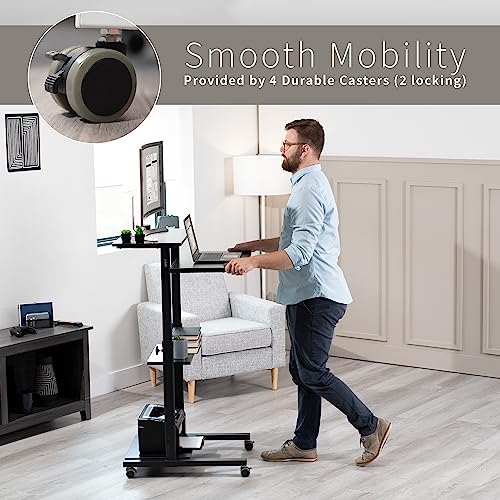 VIVO Mobile Height Adjustable Table Stand Up Desk with Storage, Computer Workstation Rolling Presentation Cart, Black, CART-V02DB