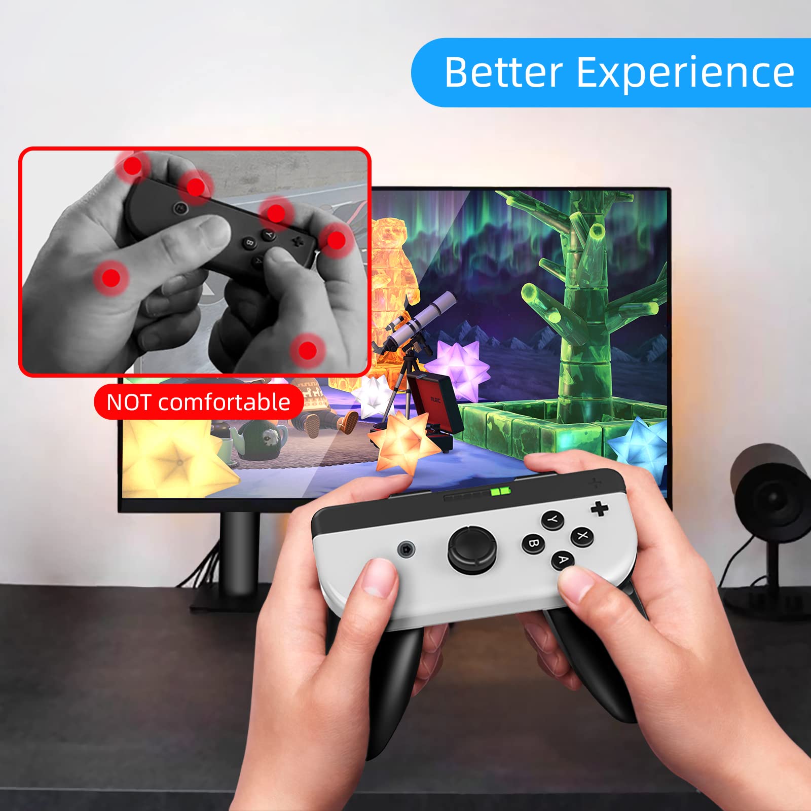 AKNES Swtich Joy Pad Grips Compatible with Nintendo Switch & Switch OLED Controllers, Ergonomic Comfort Switch Hand Grips, Wear Resistant Game Controllers Handle Kit for Switch (2 Packs) Black