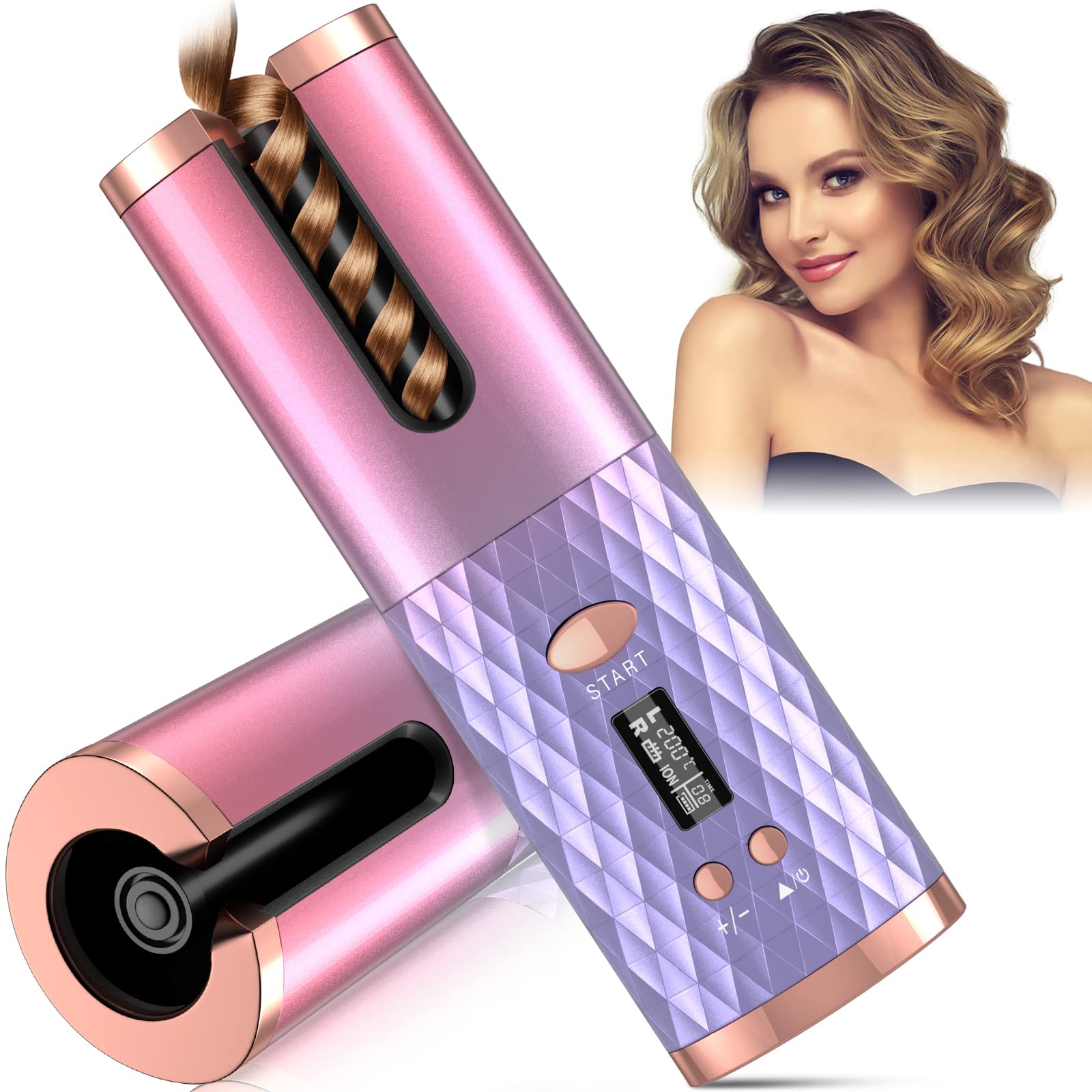 Automatic Curling Iron, Cordless Automatic Hair Curler with 6 Temps & Timers, Rechargeable Hair Curler with Ceramic Ionic Barrel, Detangle & Scald-Free Curler, Auto Shut-Off