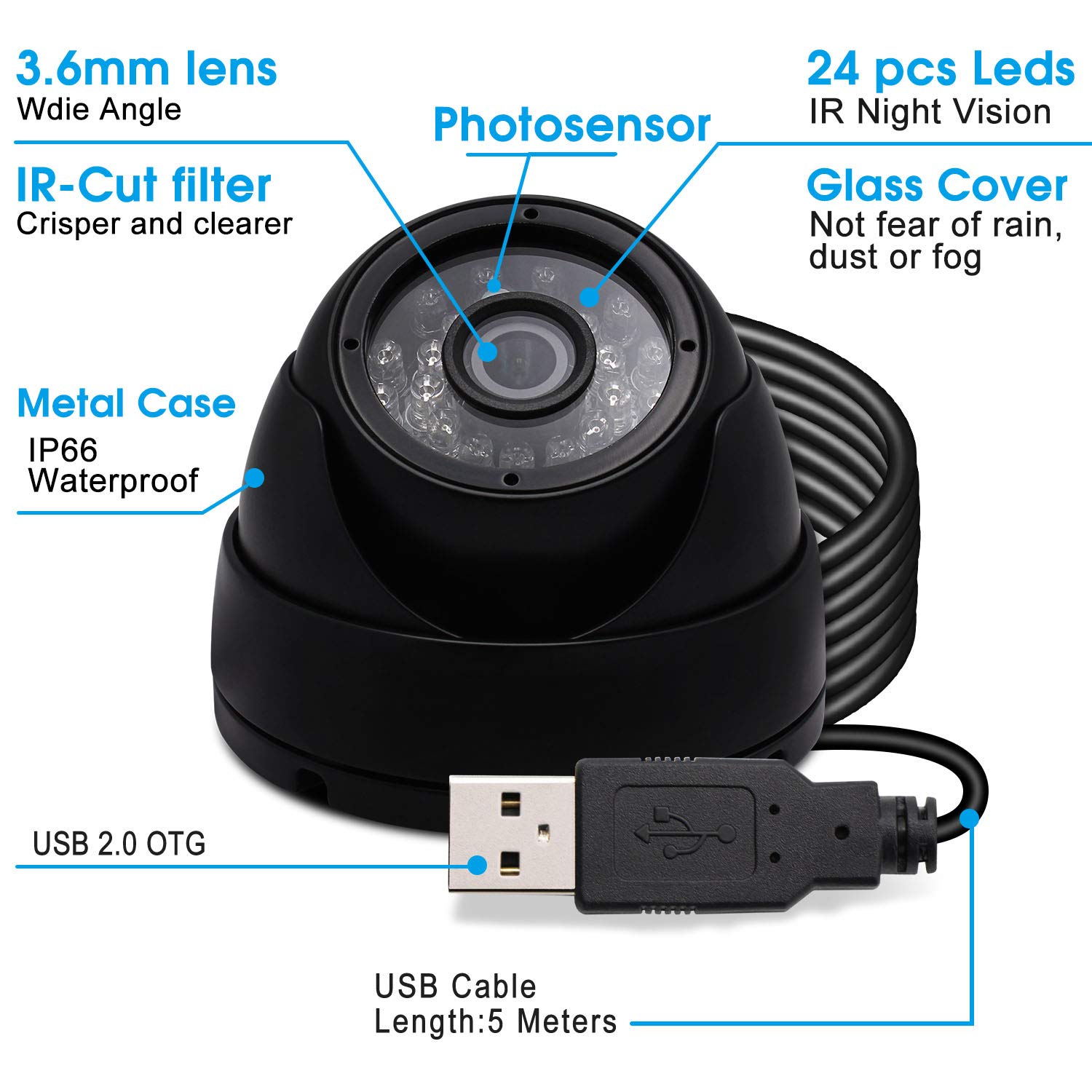 SVPRO Outdoor USB Camera 1080P Full HD Waterproof Night Vision Camera with Infrared LEDs,USB Security Camera for Home Surveillance System 30/60/120fps OV2710 Dome Camera with IR-Cut&Metal Housing